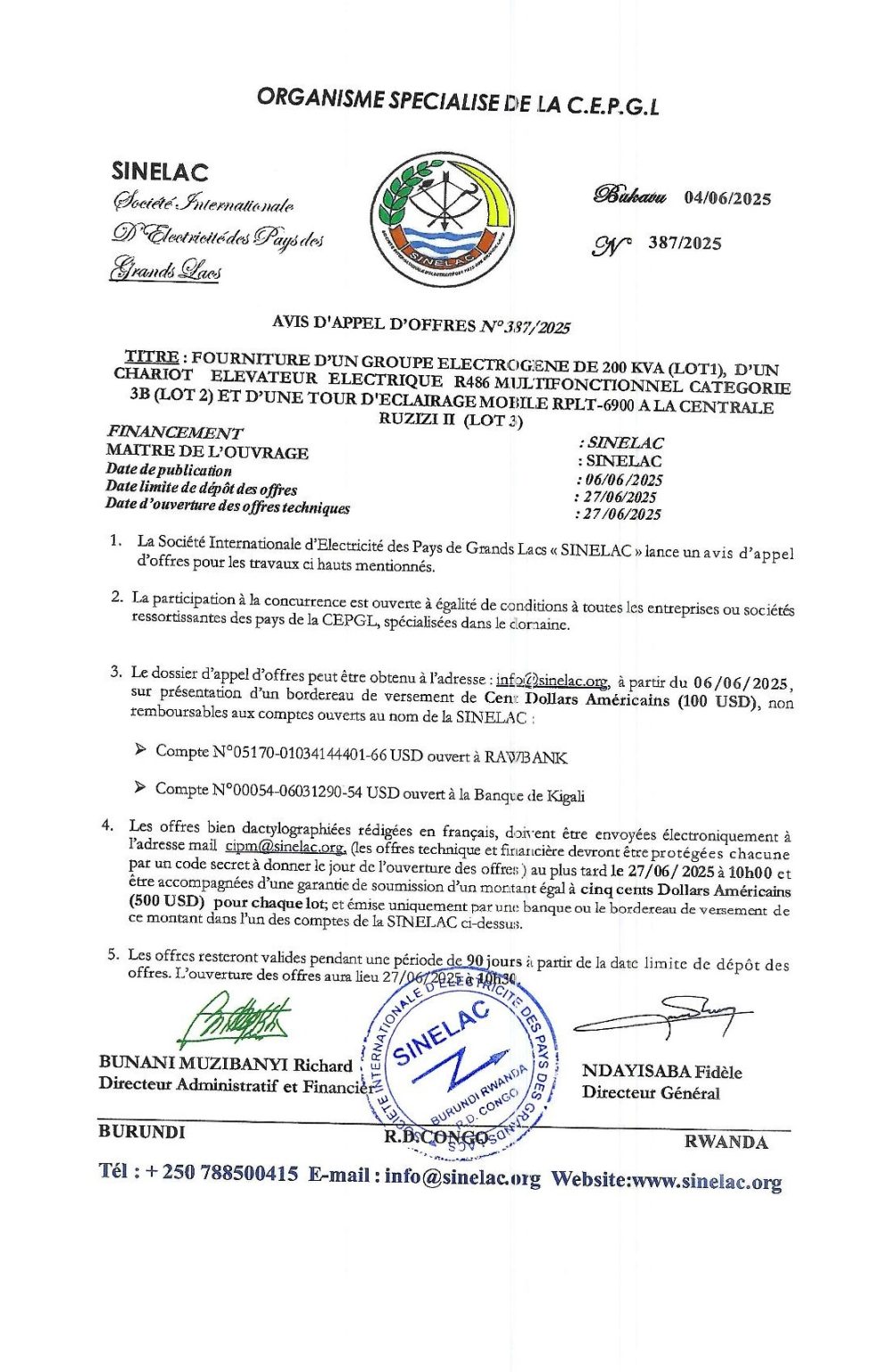 SINELAC: Avis d’appel d’offres pour la fourniture d’un groupe ...