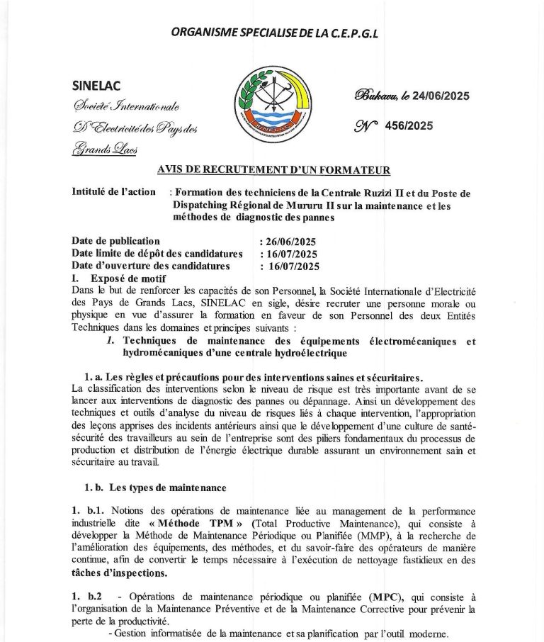 SINELAC: Avis de recrutement d’un Formateur ( Date limite: 16/07/2025 ...