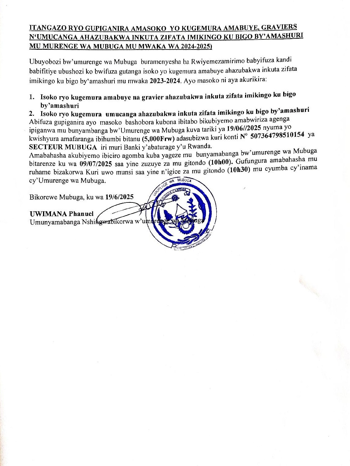 Umurenge wa Mubuga: Isoko ryo kugemura amabuye na gravier ahazubakwa ...