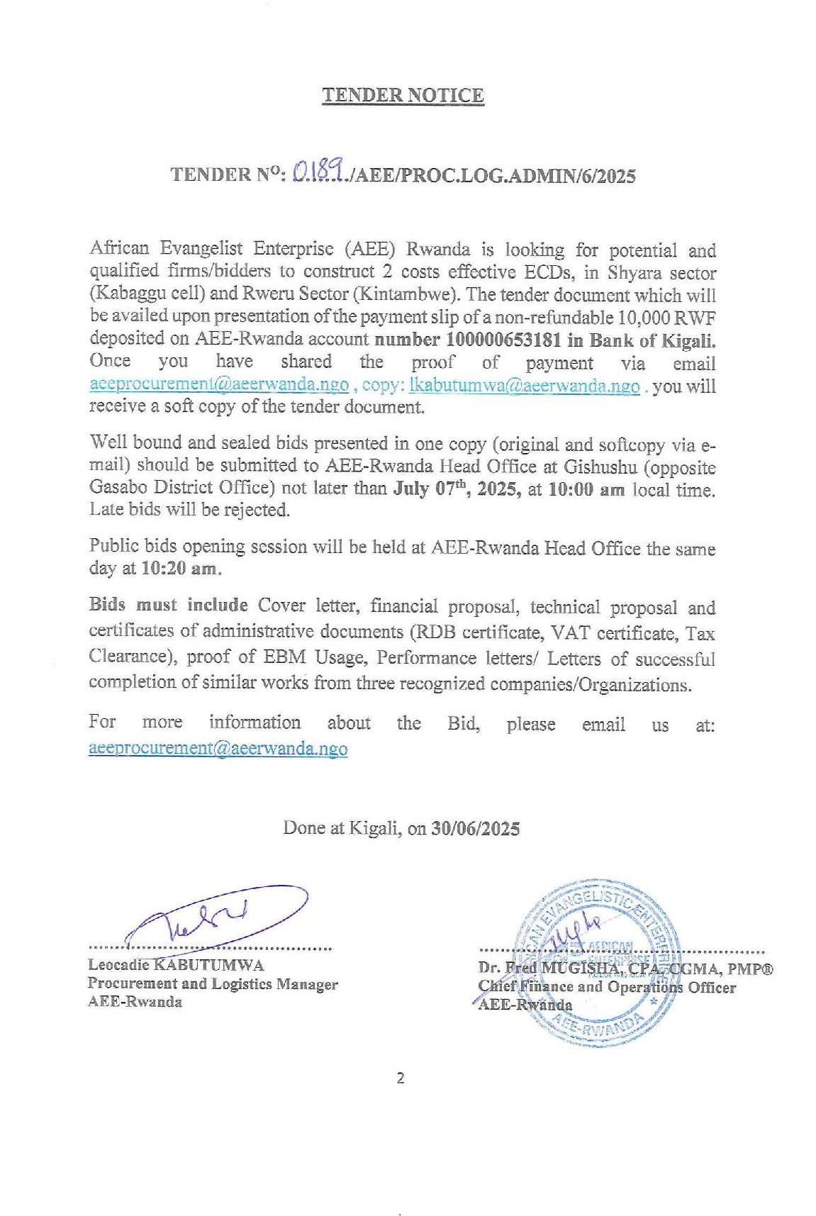 Tender notice for the construction of 2 costs effective ECDs- AEE ...