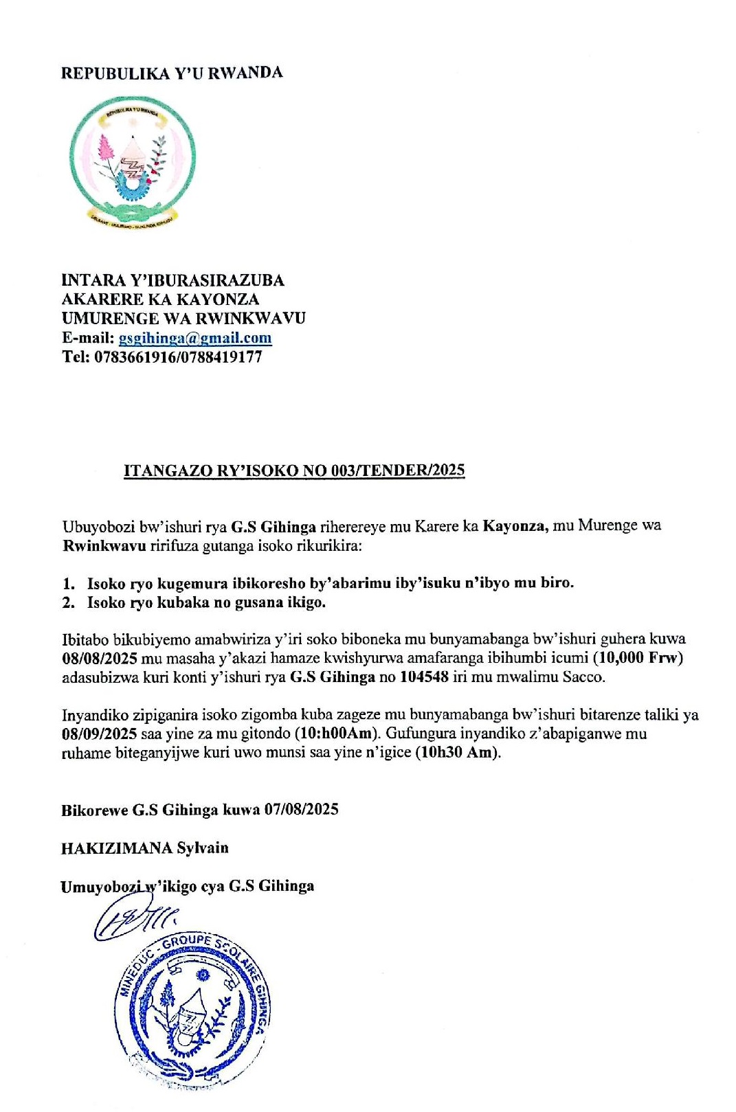 GS GIHINGA: Isoko ryo kubaka no gusana ikigo(Deadline: 08/09/2025 ...