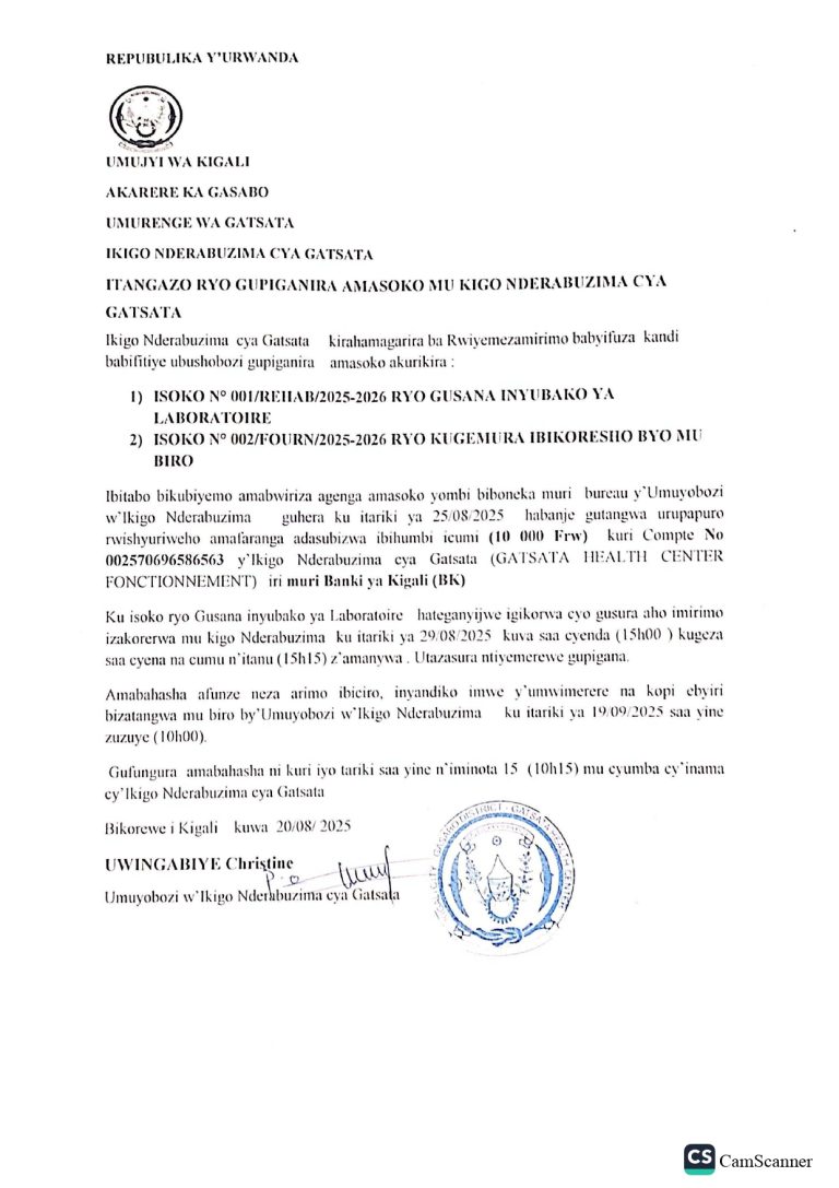 Ikigo Nderabuzima cya Gatsata: Isoko ryo gusana inyubako ya Laboratwari ...