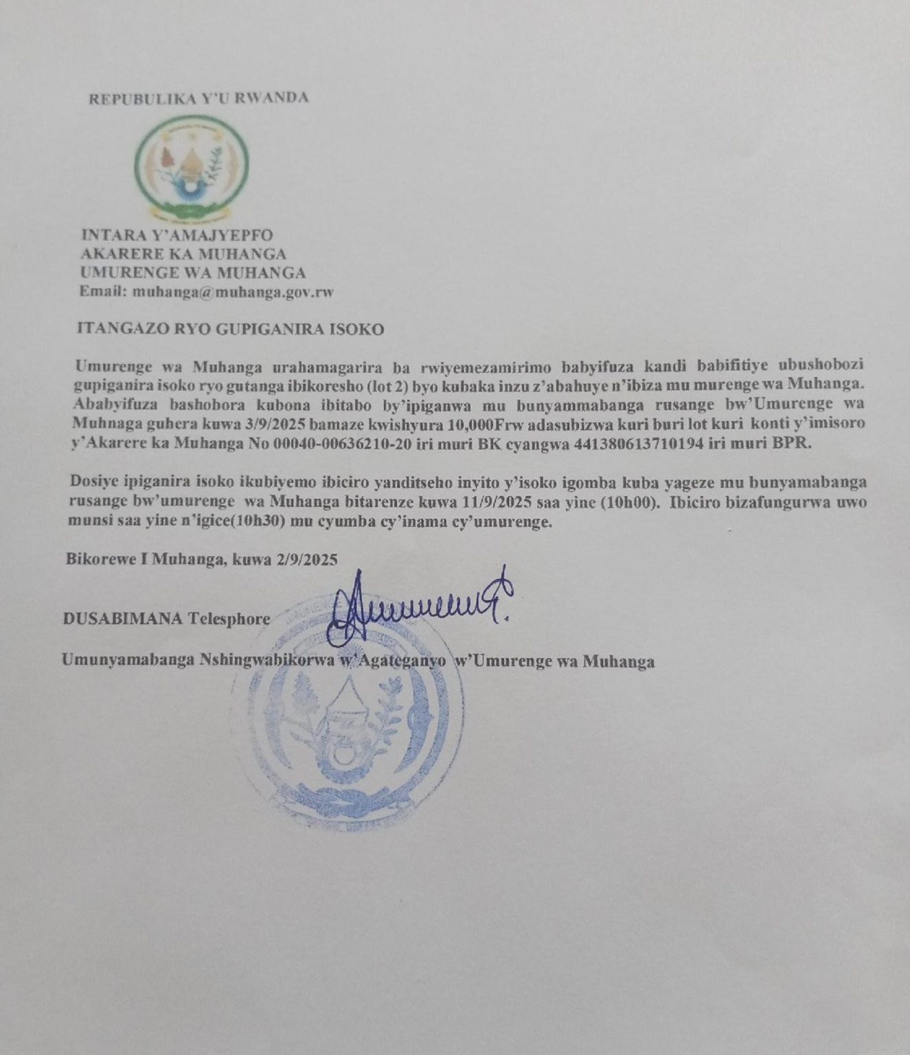 Umurenge wa Muhanga: Isoko ryo kugemura ibikoresho byo kubaka inzu z ...