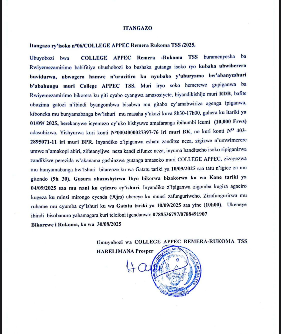 Collège APPEC Remera Rukoma TSS: Isoko ryo kubaka ubwiherero buvidurwa ...