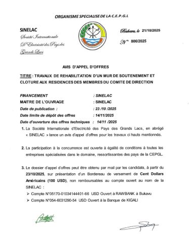 SINELAC: Avis d’appel d’offres pour les travaux de réhabilitation d’un ...