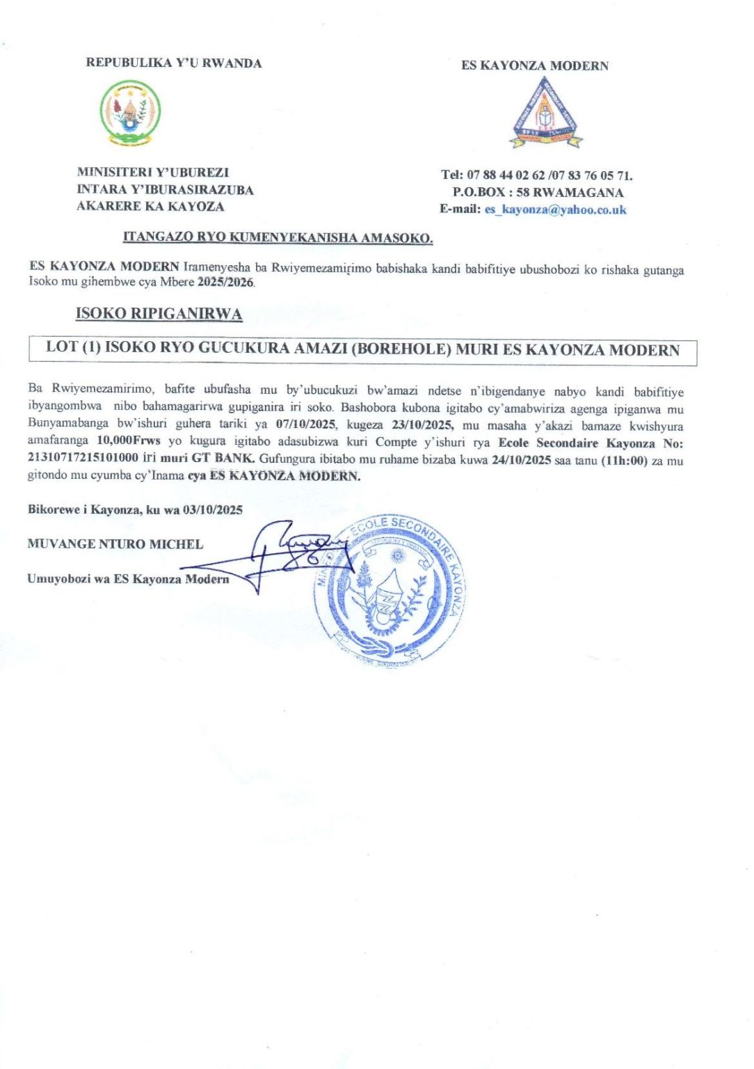 ES KAYONZA MODERN: Isoko ryo gucukura amazi (borehole) mu gihembwe cya ...