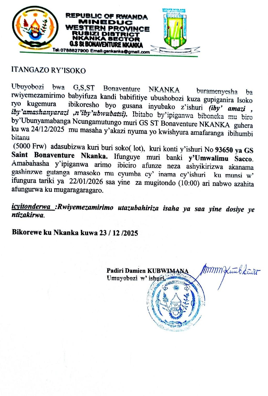 GS ST BONAVENTURE NKANKA: Isoko ryo kugemura ibikoresho byo gusana ...